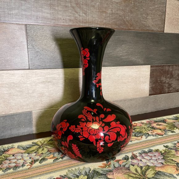 Accents | Tall Black With Red Flowers Ceramic Large Modern Style Vase ...